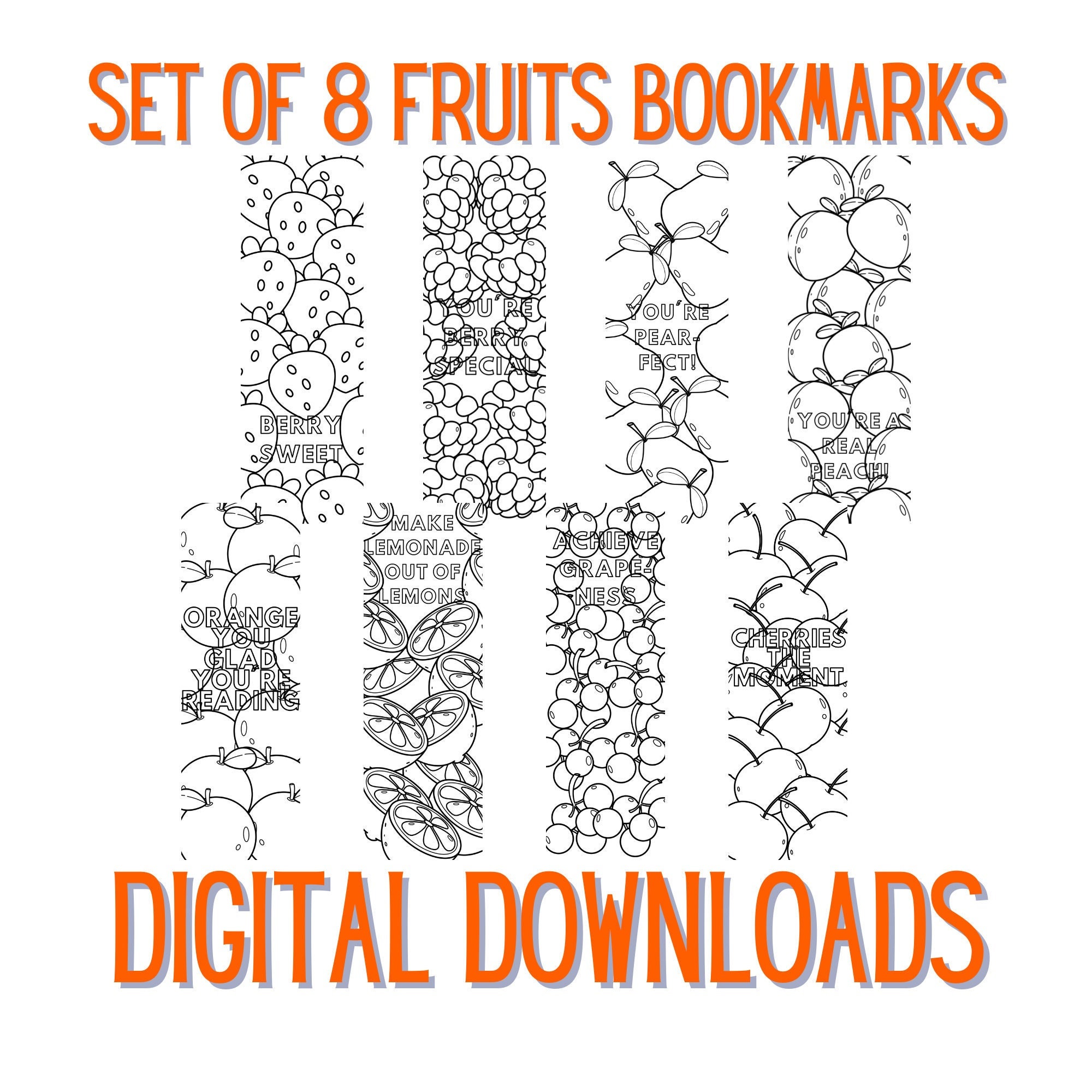 Digital Printable Fruits Bookmark Set of 8 Coloring Fruit Book Marks ...