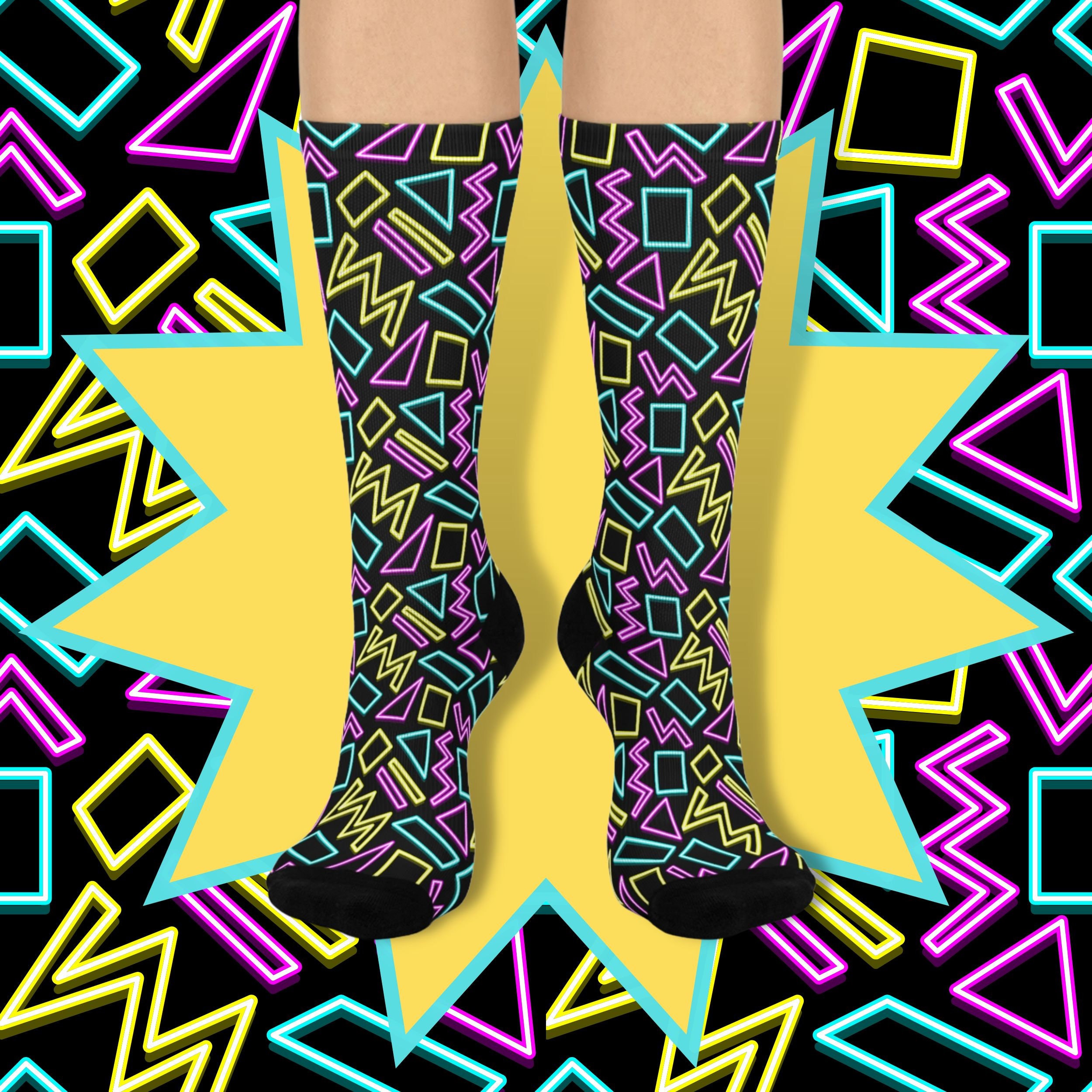 Neon Geometric Shape Socks, Neon Socks, Funky Socks, Retro Socks, Neon ...