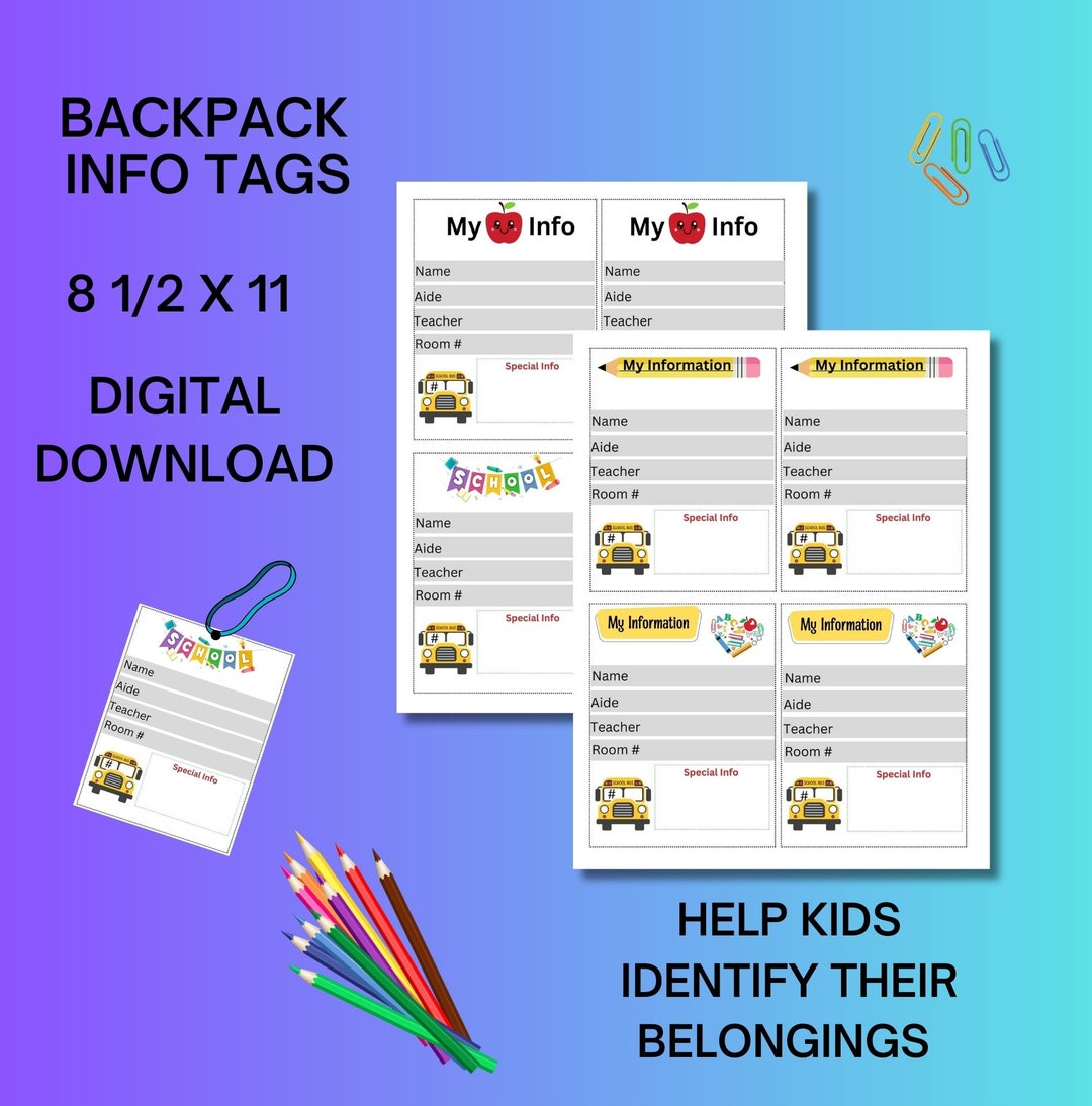 Backpack Info Tag, Kids Printable Backpack Information Tag, Child ...
