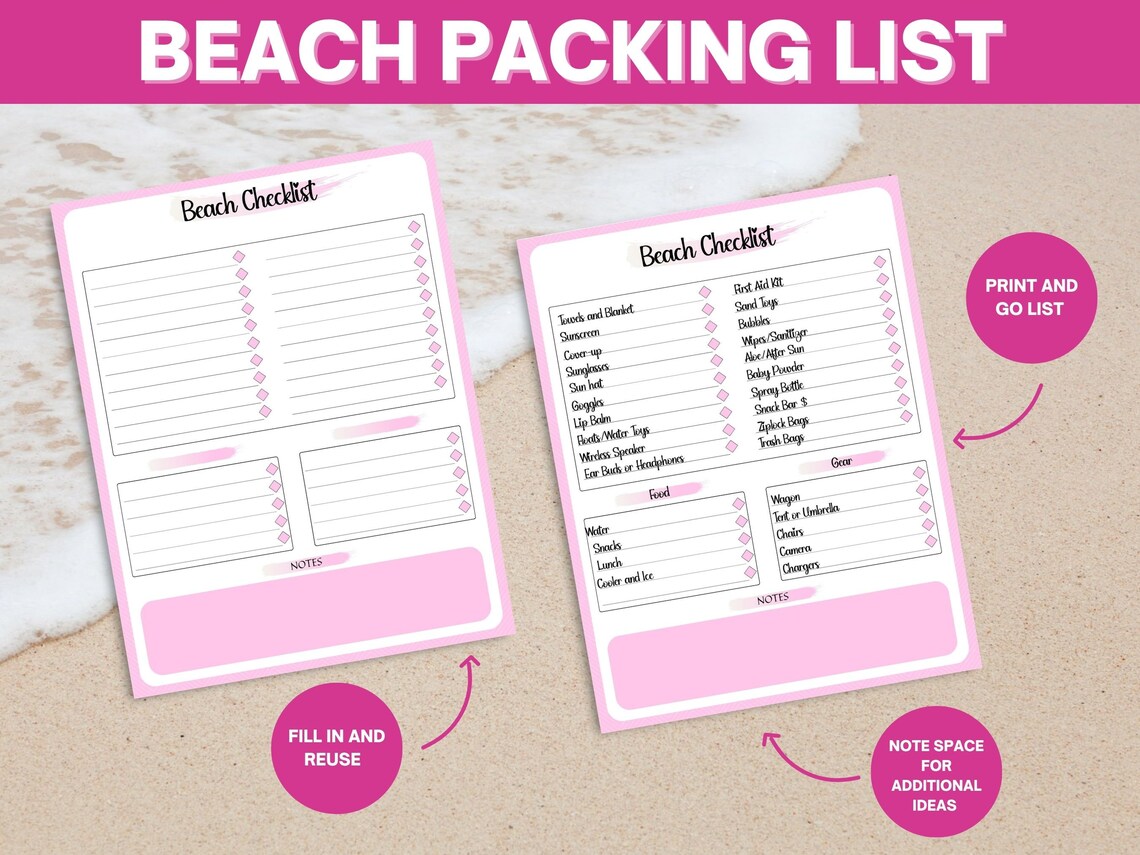 Printable Pink Beach Day Packing List, Checklist for Fun Beach Day, Pre ...
