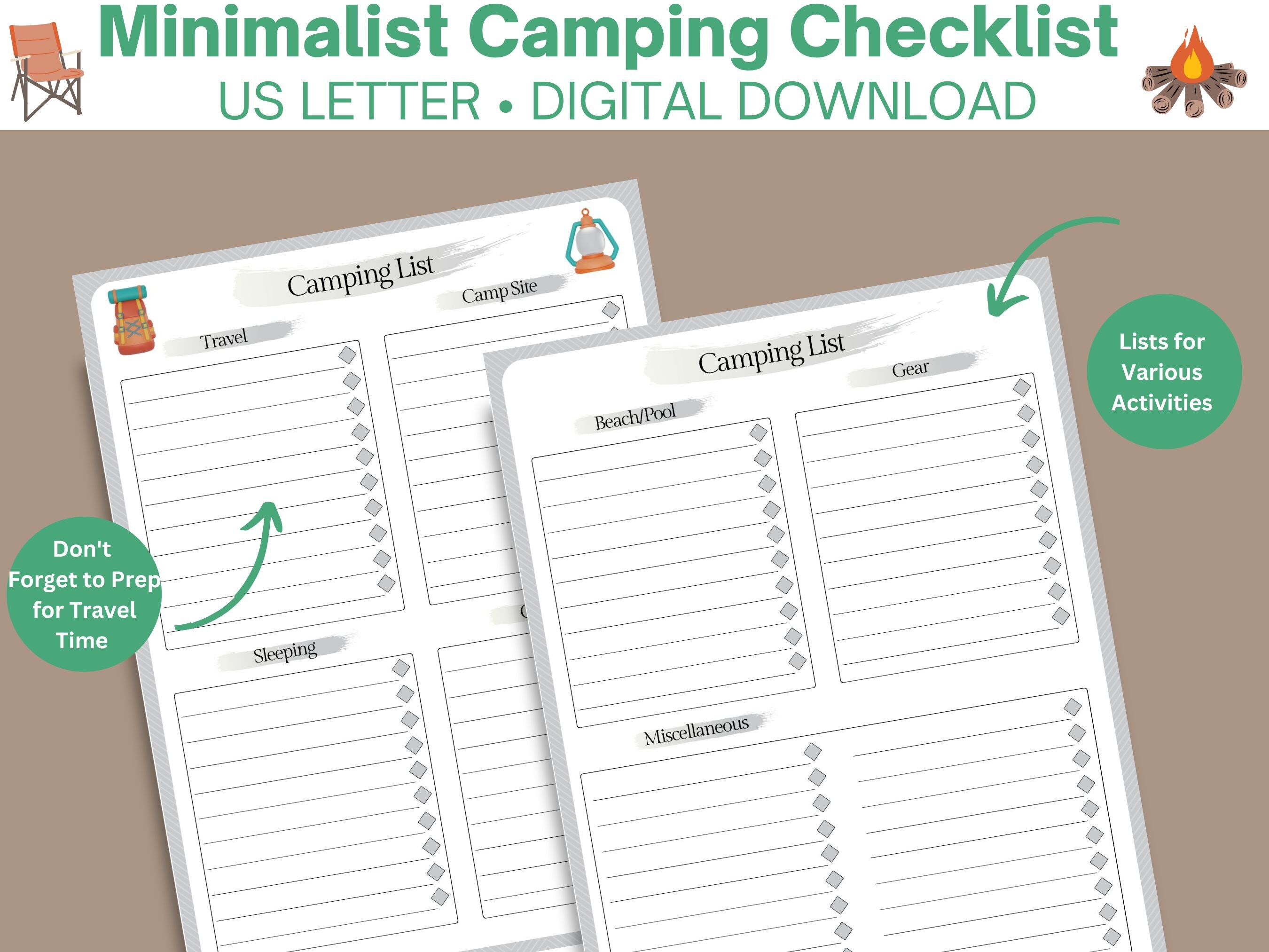 Camping Checklist, Blank List for Camp Preparation, Minimalist Camping ...