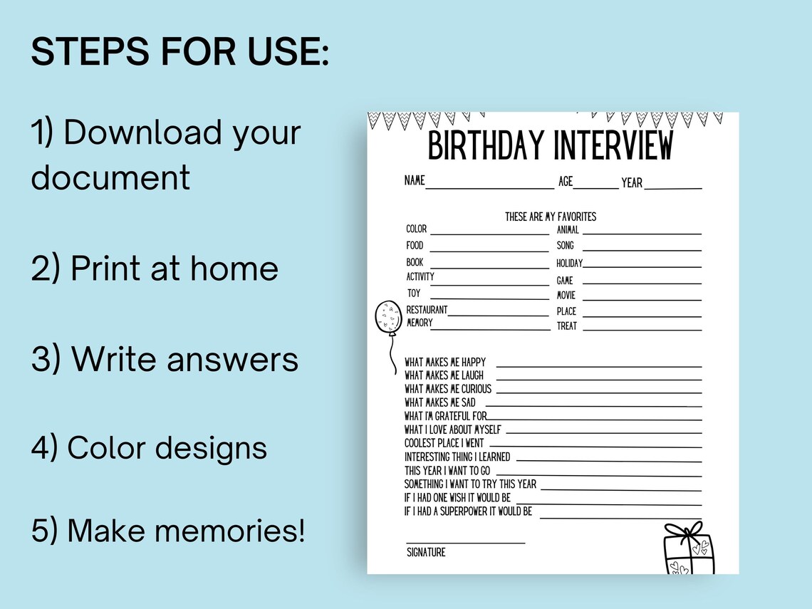 Printable Birthday Interview Keepsake for Kids, Gender Neutral Birthday ...