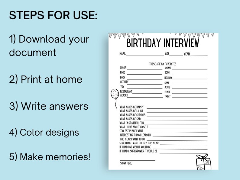 Printable Birthday Interview Keepsake for Kids, Gender Neutral Birthday ...