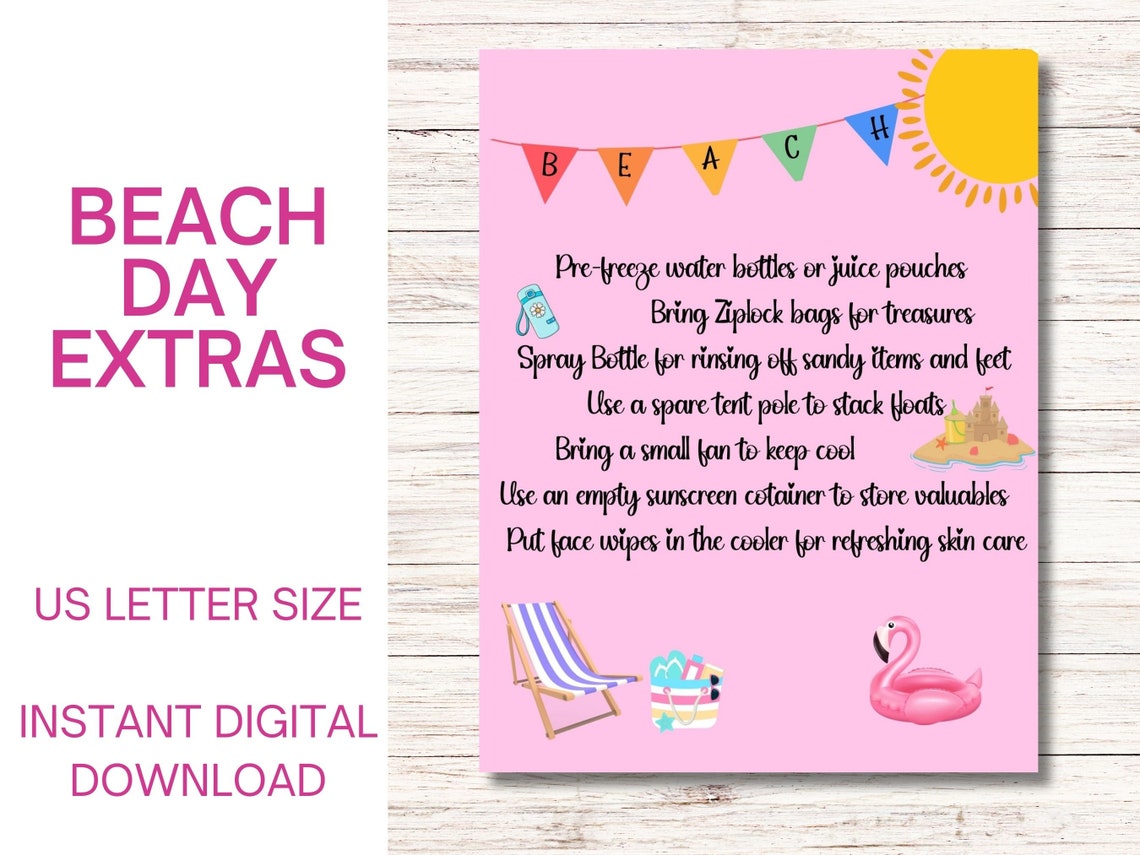 Printable Pink Beach Day Packing List, Checklist for Fun Beach Day, Pre ...