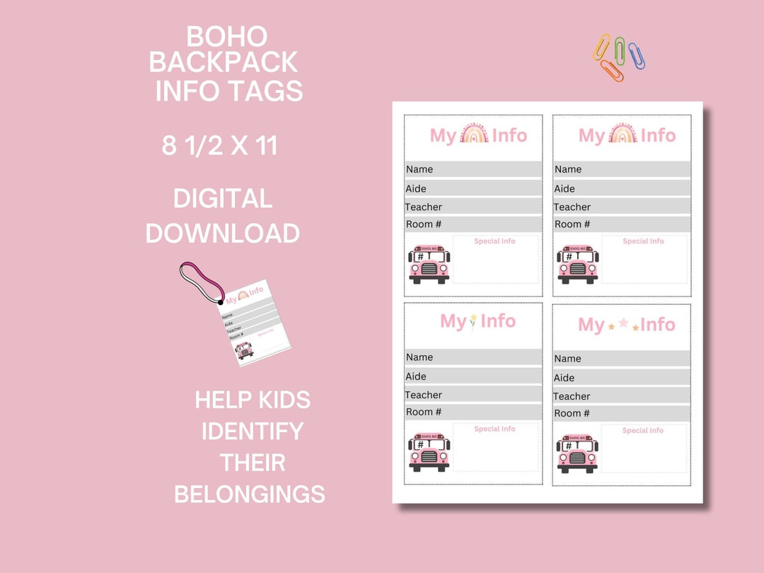 Backpack Info Tag, Kids Printable Backpack Information Tag, Child ...