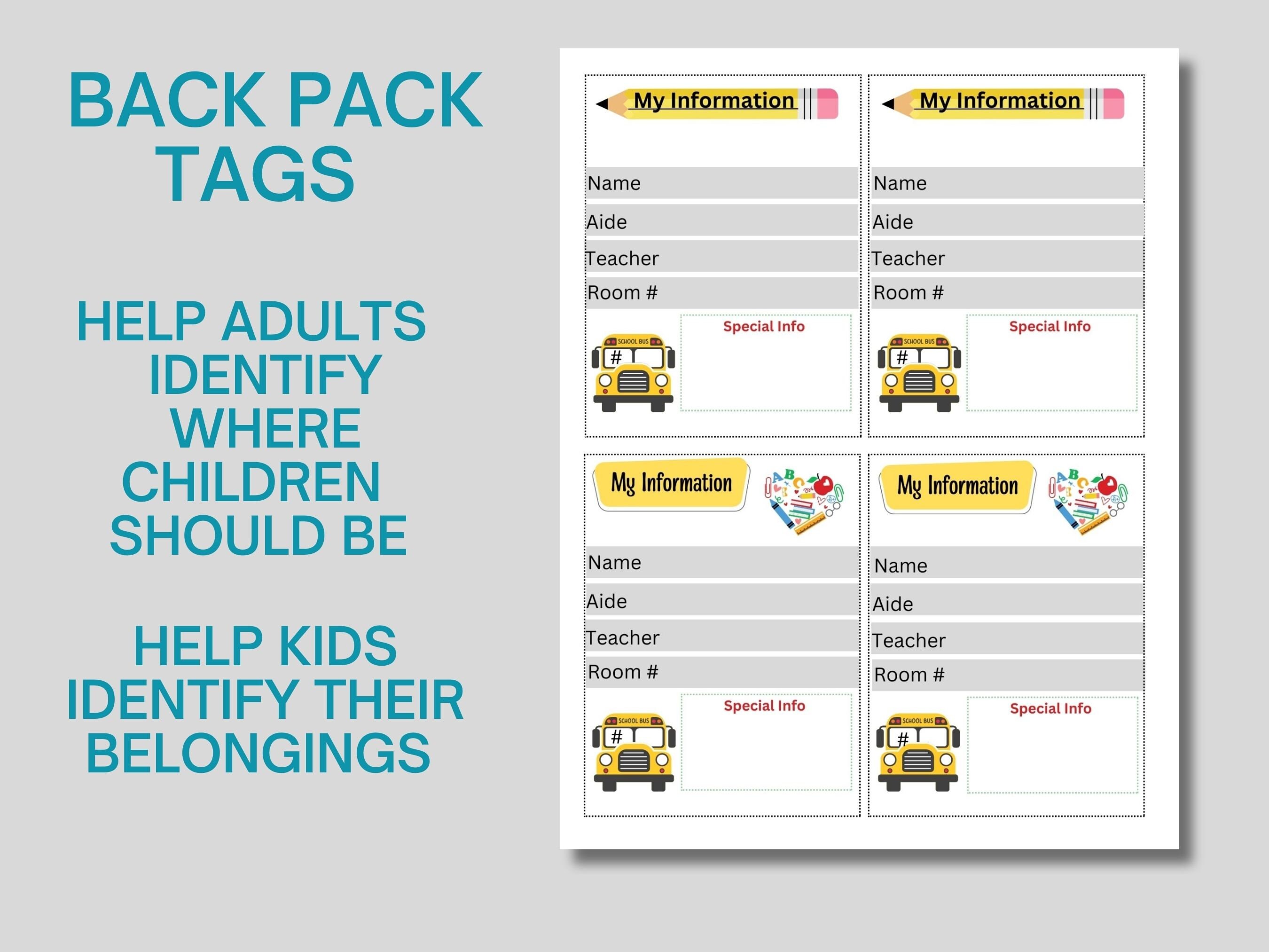 Backpack Info Tag, Kids Printable Backpack Information Tag, Child ...