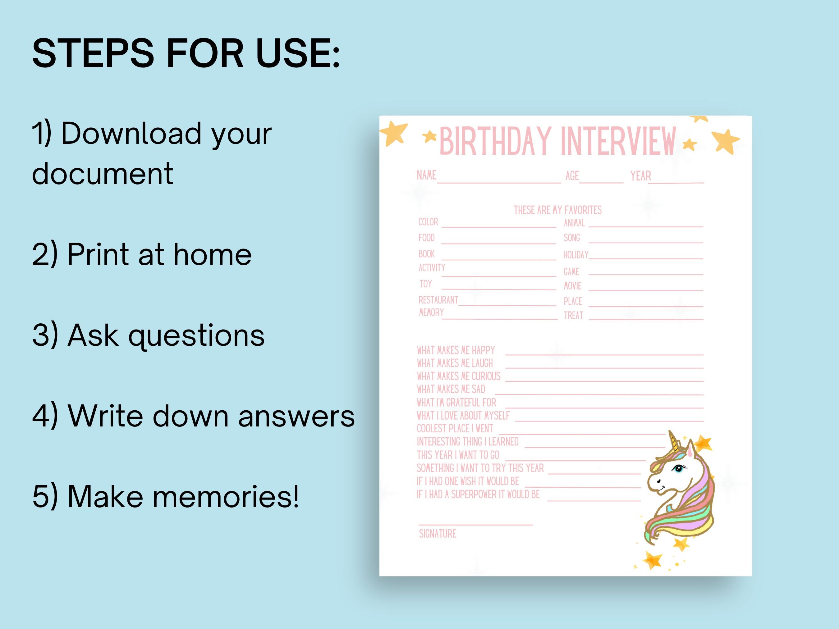 Unicorn Birthday Interview Printable, Unicorn Questionnaire - Etsy