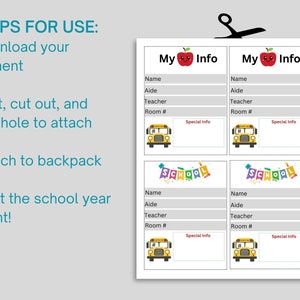 Backpack Info Tag, Kids Printable Backpack Information Tag, Child ...