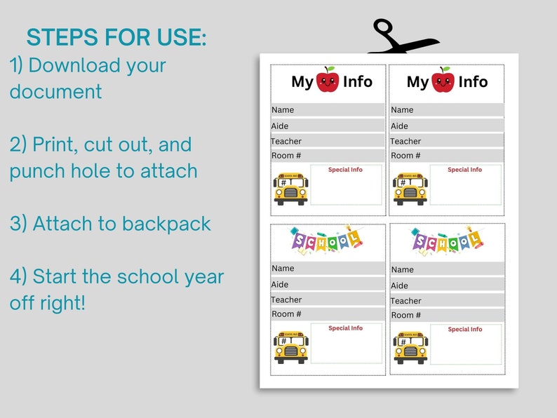 Backpack Info Tag, Kids Printable Backpack Information Tag, Child ...