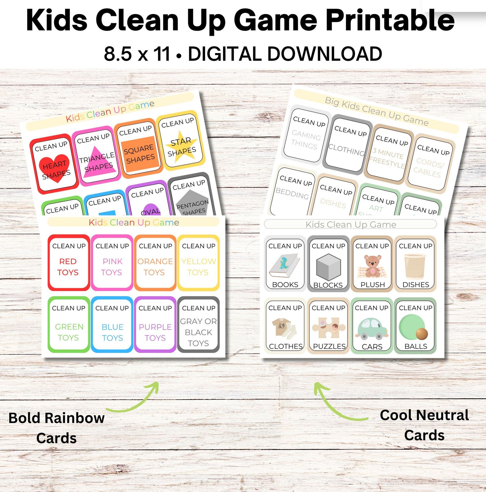 Printable Clean up Kids Card Game, Pick up Cards for Kids Cleaning, Fun ...