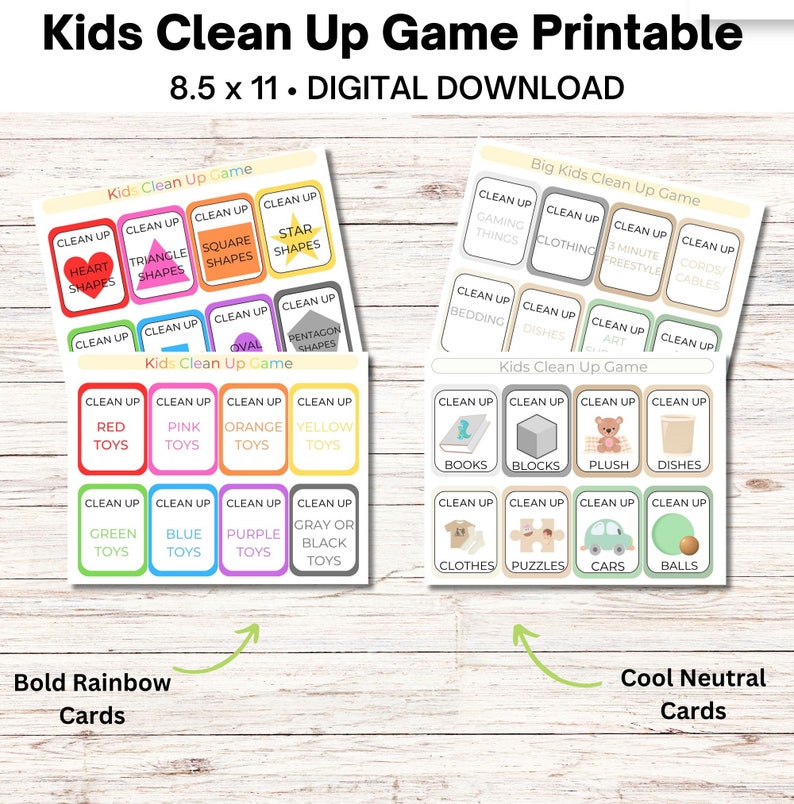 Printable Clean up Kids Card Game, Pick up Cards for Kids Cleaning, Fun ...