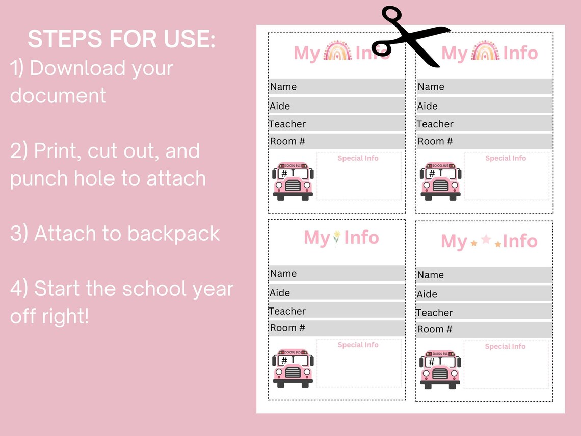 Backpack Info Tag, Kids Printable Backpack Information Tag, Child ...