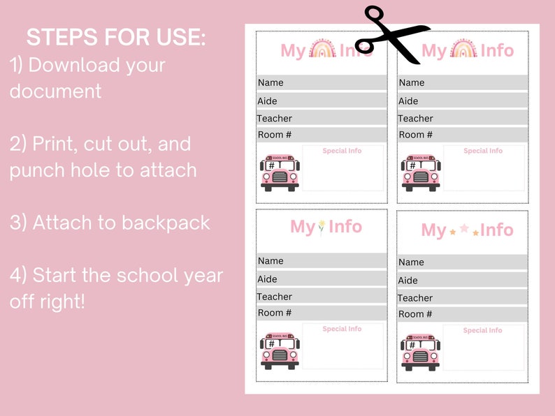 Backpack Info Tag, Kids Printable Backpack Information Tag, Child ...