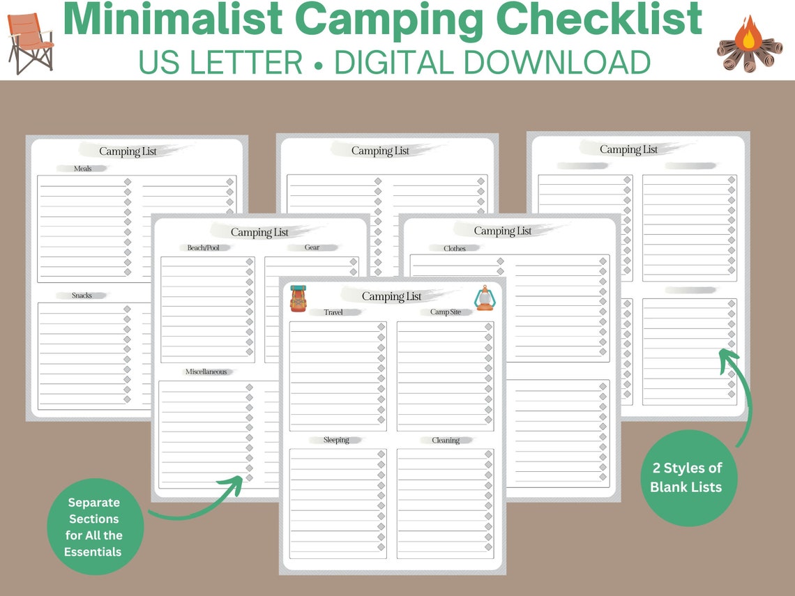 Camping Checklist, Blank List for Camp Preparation, Minimalist Camping ...