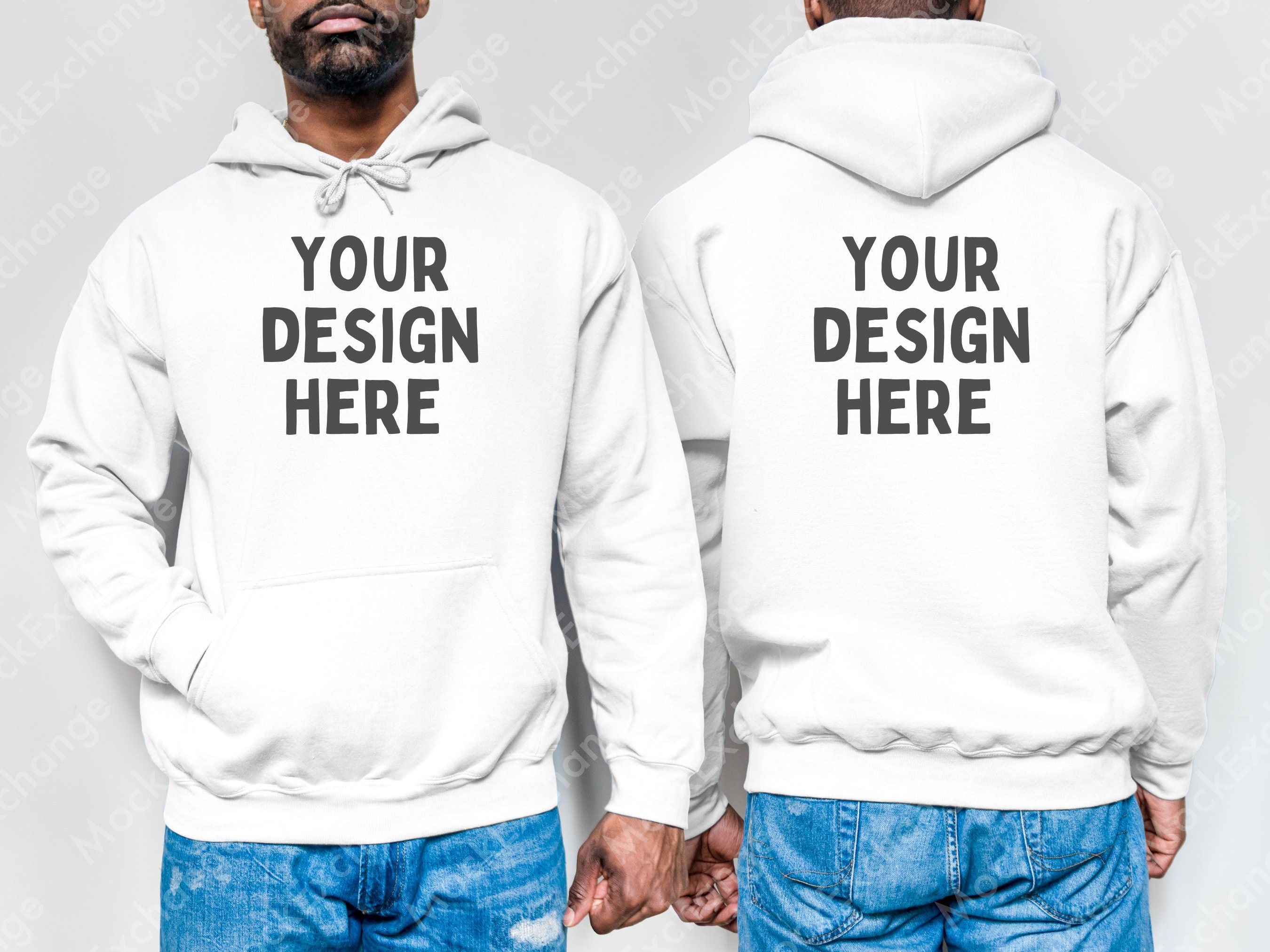Front And Back Gildan 18500 White Mockup White Male Hoodie Mockup