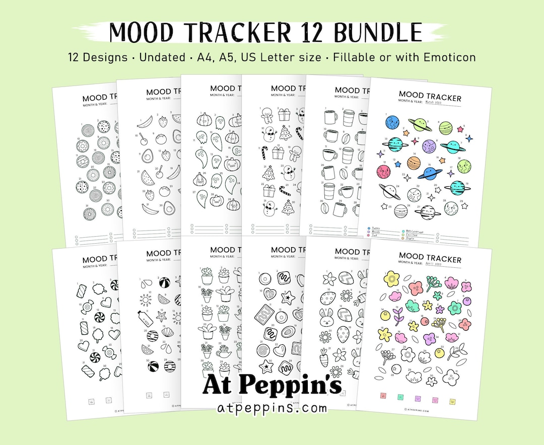 Printable Daily Mood Tracker: 12-design Bundle. A4/A5/US Letter Sizes ...