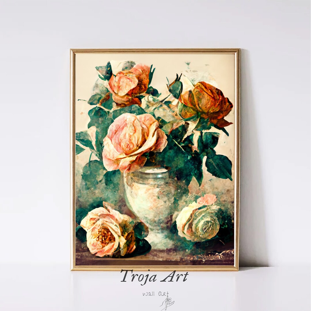 PRINTABLE Pink War Tone Floral Vintage Print Dark Floral Still Life Oil ...