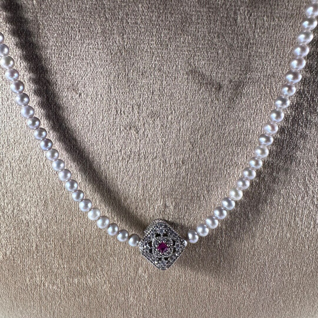 Silver Blue Madama 3.5–4mm Japanese Akoya Pearl Necklace and Square ...