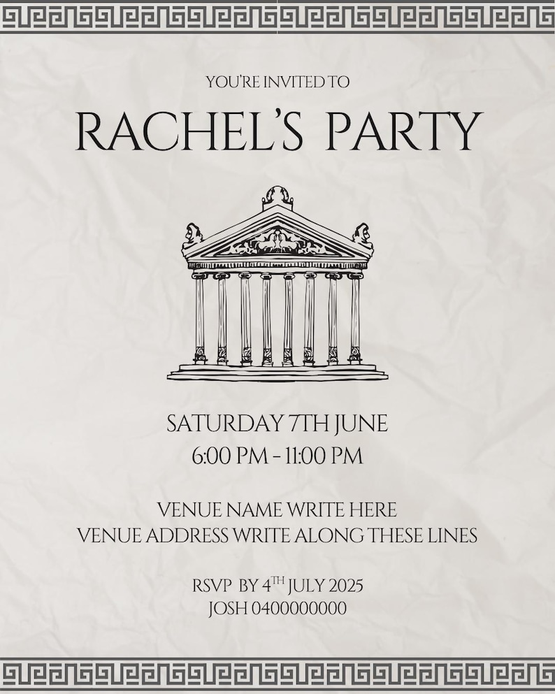 Greek Party Invitation Template | Editable Canva Ancient Temple Invite ...