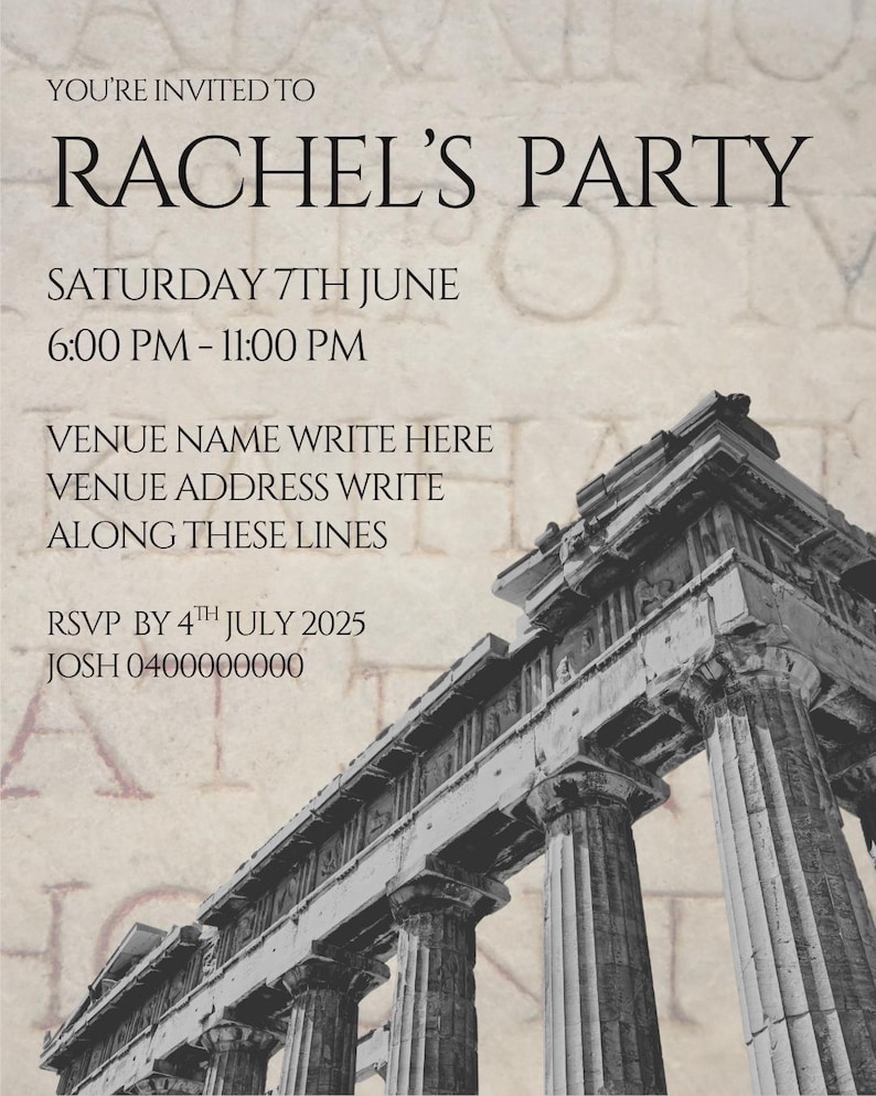 Greek Ruins Party Invitation Template | Editable Ancient Greece Invite ...