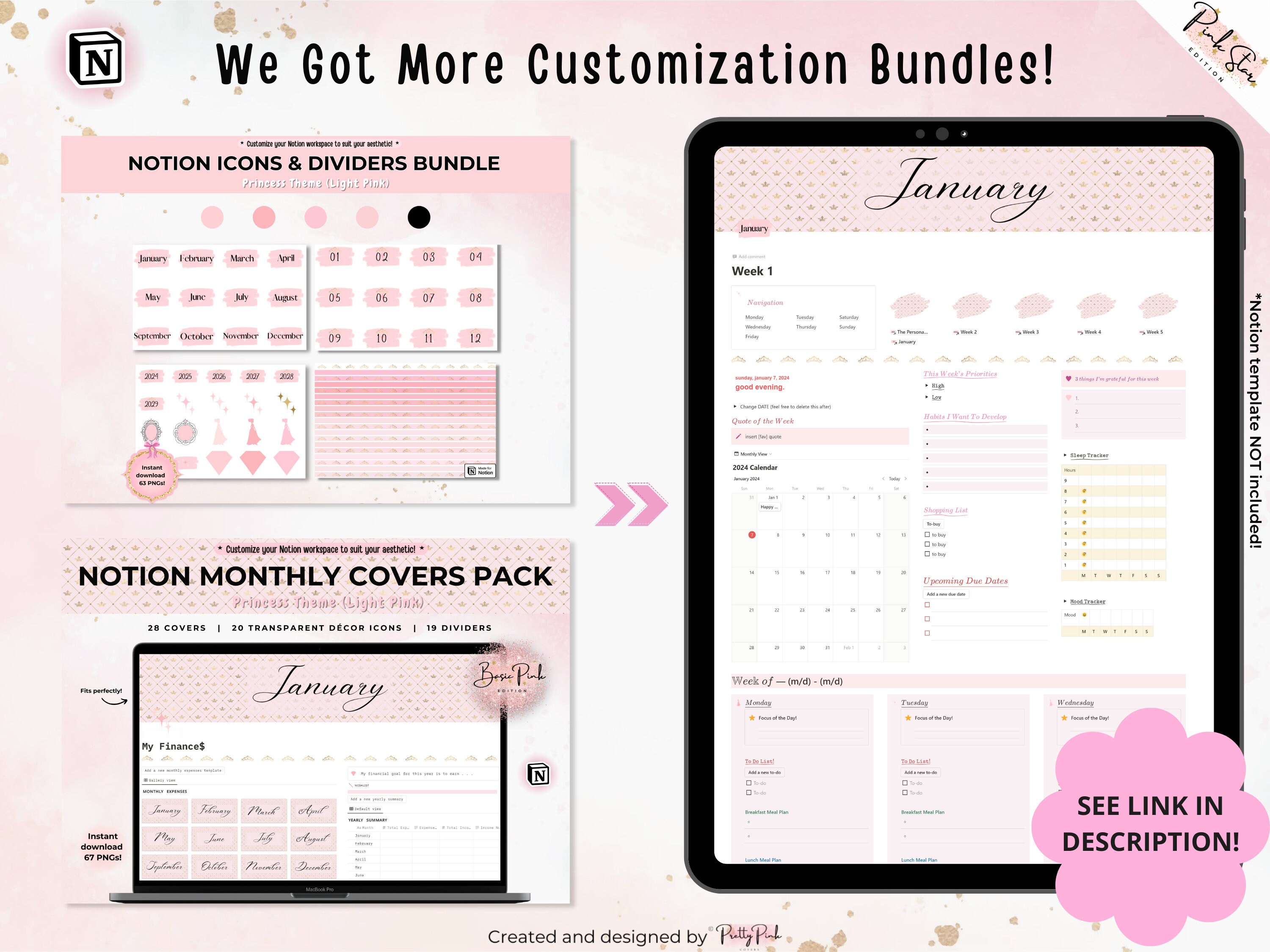 Pink Notion Planner Bundle | Girly Aesthetic Stickers, Icons (digital ...