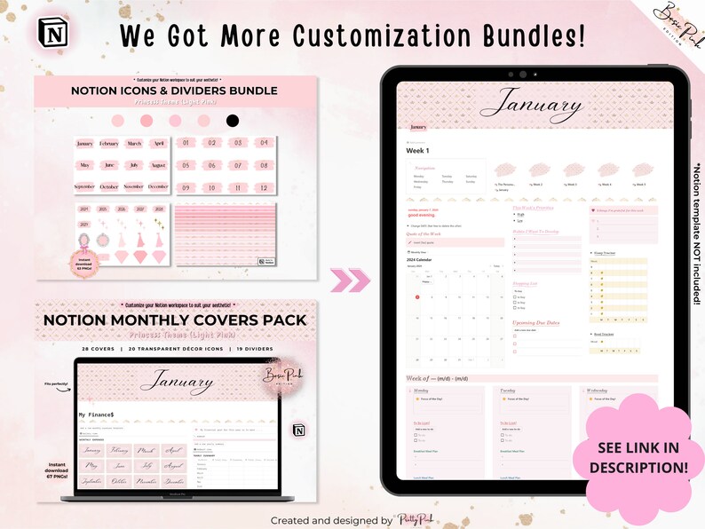 Notion Customization Bundle Pink Aesthetic Notion Life Planner Notion Template 2024 Digital ...