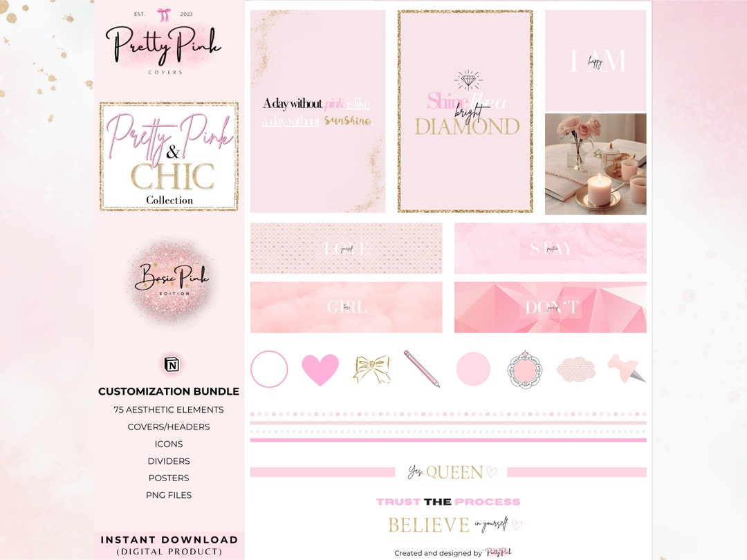 Pretty Pink Notion Customization Bundle | Aesthetic Icons, Dividers ...