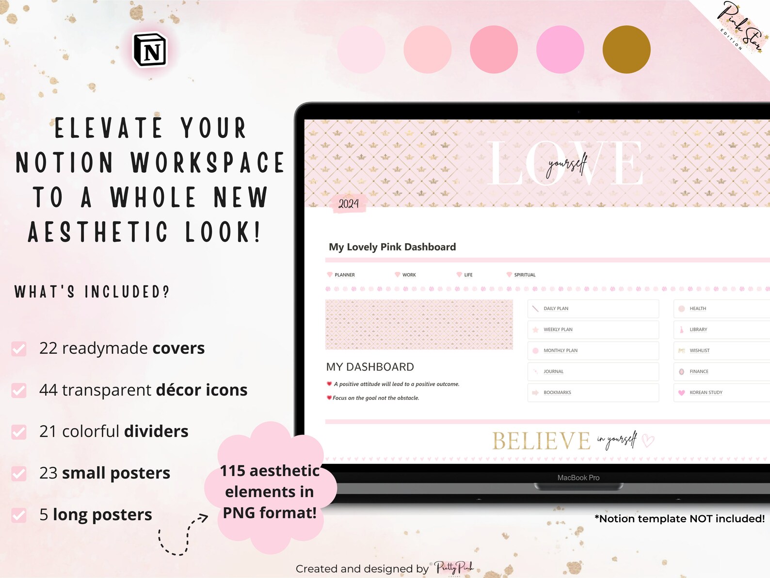 Pink Notion Planner Bundle | Girly Aesthetic Stickers, Icons (digital ...