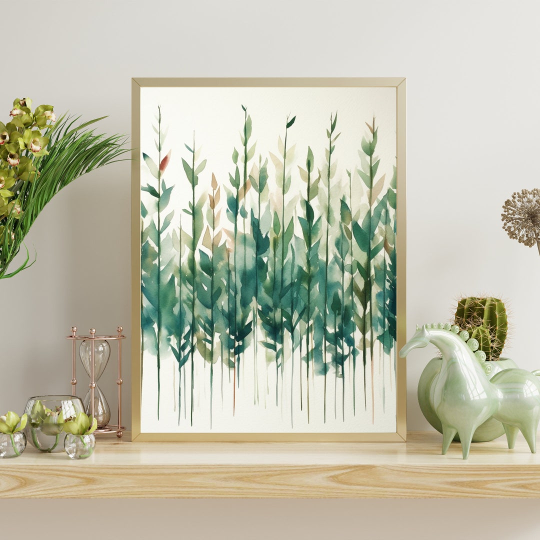 Japanese Watercolor Art Print - Vibrant Green Leaves, Subtle Ink Washes ...