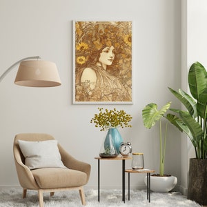 Alphonse Mucha Inspired - Art Nouveau Sunflowers - Ethereal Woman in ...
