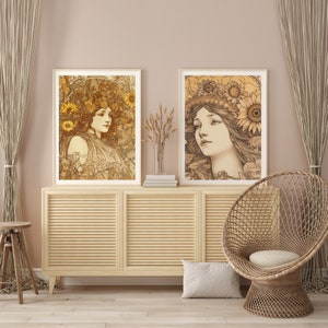 Alphonse Mucha Inspired - Art Nouveau Sunflowers - Ethereal Woman in ...