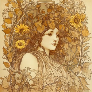 Alphonse Mucha Inspired - Art Nouveau Sunflowers - Ethereal Woman in ...