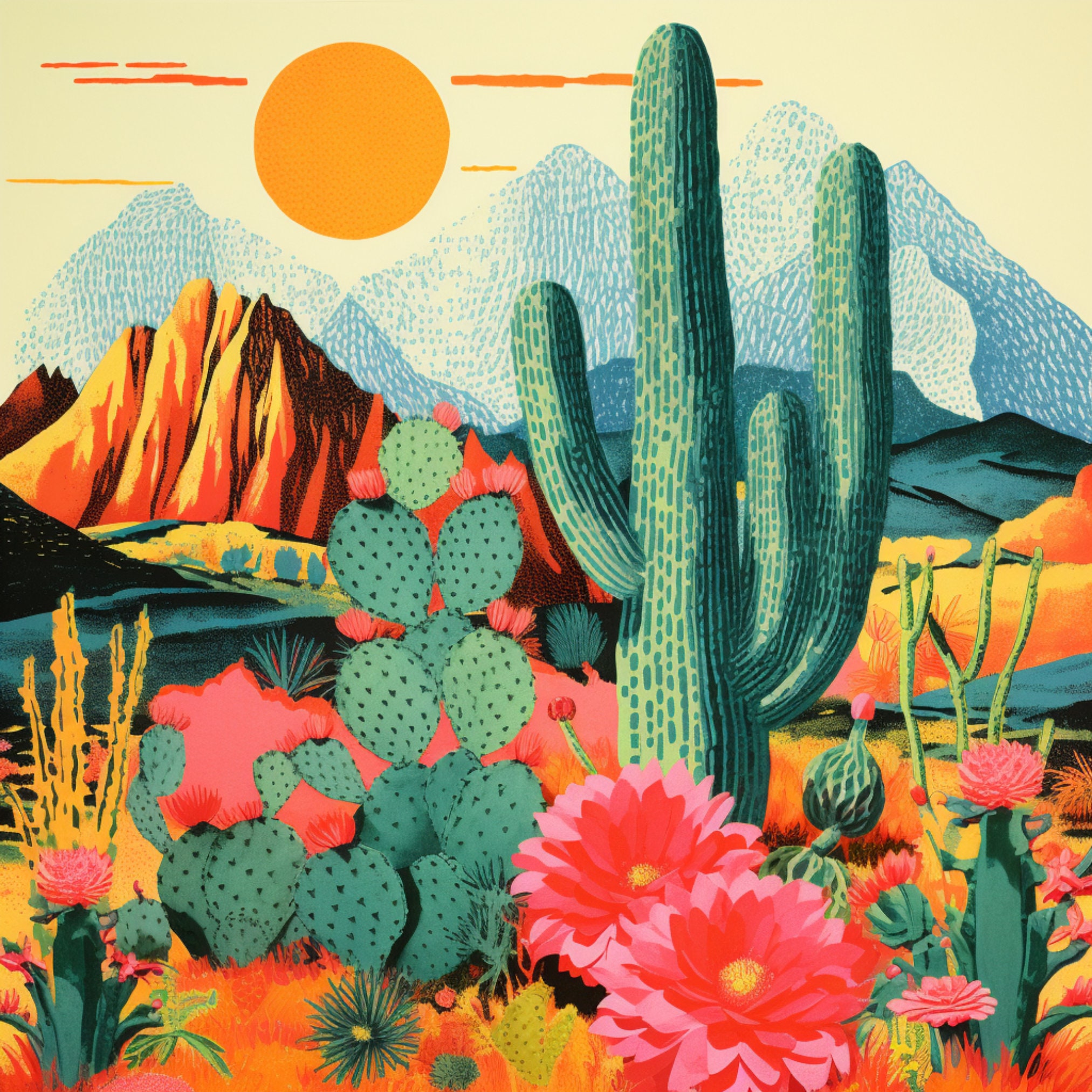 Digital Download - Whimsical Desert Radiance: Vibrant Risograph Art of ...