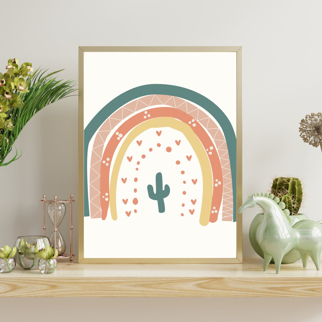 Boho Rainbow Cactus: Whimsical Art Print With Hearts - Cute and ...