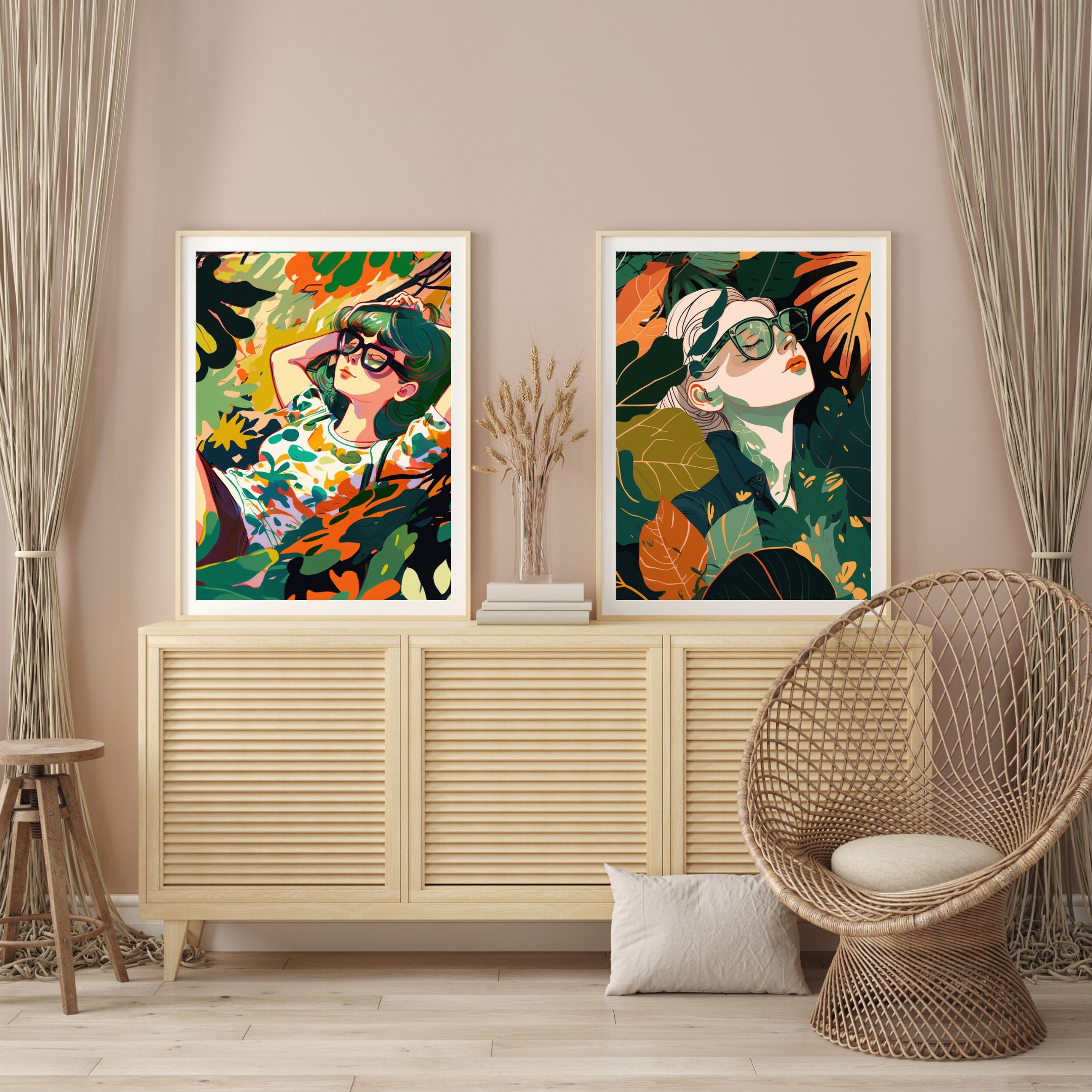 Tropical Allure: Modern Plant Art of Girl in Sunglasses Monstera Leaf ...