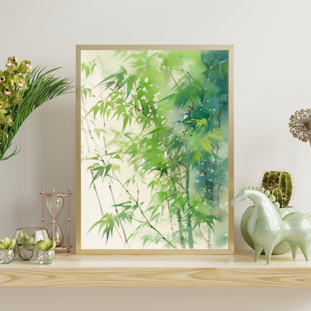 Japanese Watercolor Art Print - Vibrant Green Leaves, Subtle Ink Washes ...