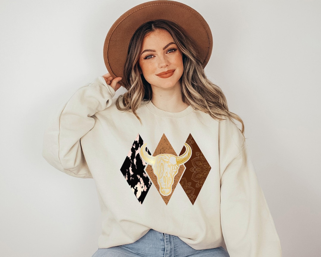 Boho Bull Skull Sweatshirt, Women's Country Sweat, Farmer Sweatshirt ...
