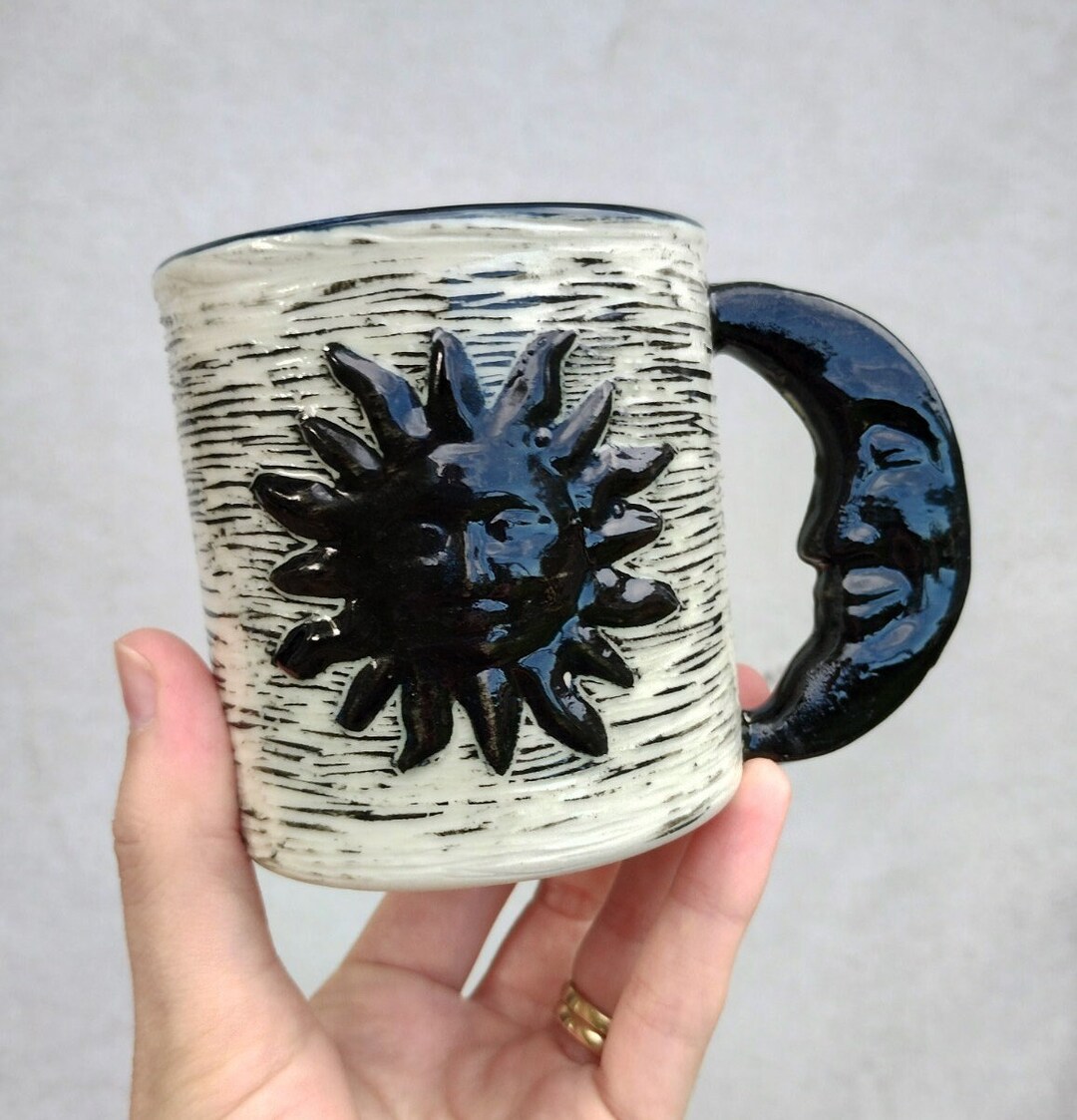 SGRAFFITO Moon, Sun and Stars Handmade 300ml CERAMIC Pottery Mug BLACK ...