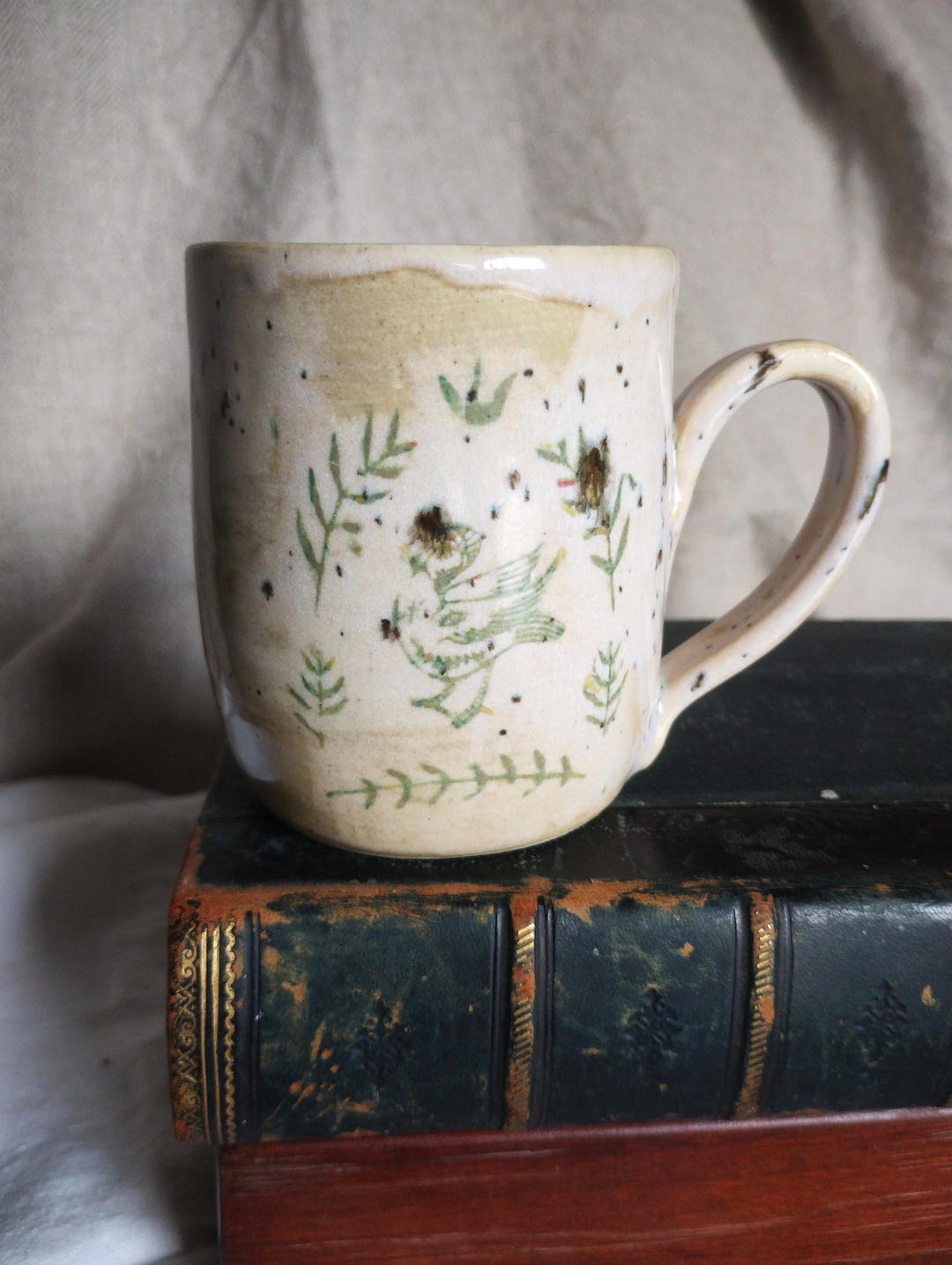 Slavic Folklore Folk Art Bird Human Green 280ml Wheel Thrown Ceramic ...