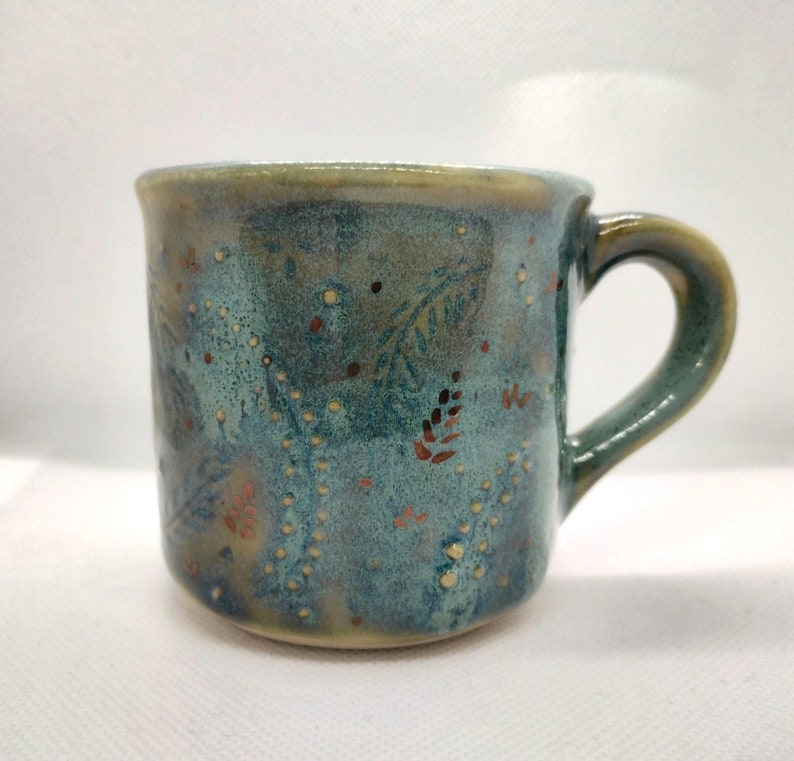 Blue Green & COPPER Sliptrail and Sgraffito 200ml Handmade Ceramic ...