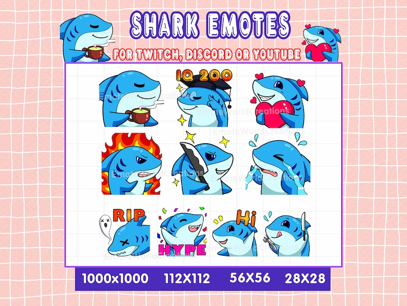 Cute Shark Emotes for Twitch or Discord Streamers, 10 Blue Shark Emoji ...