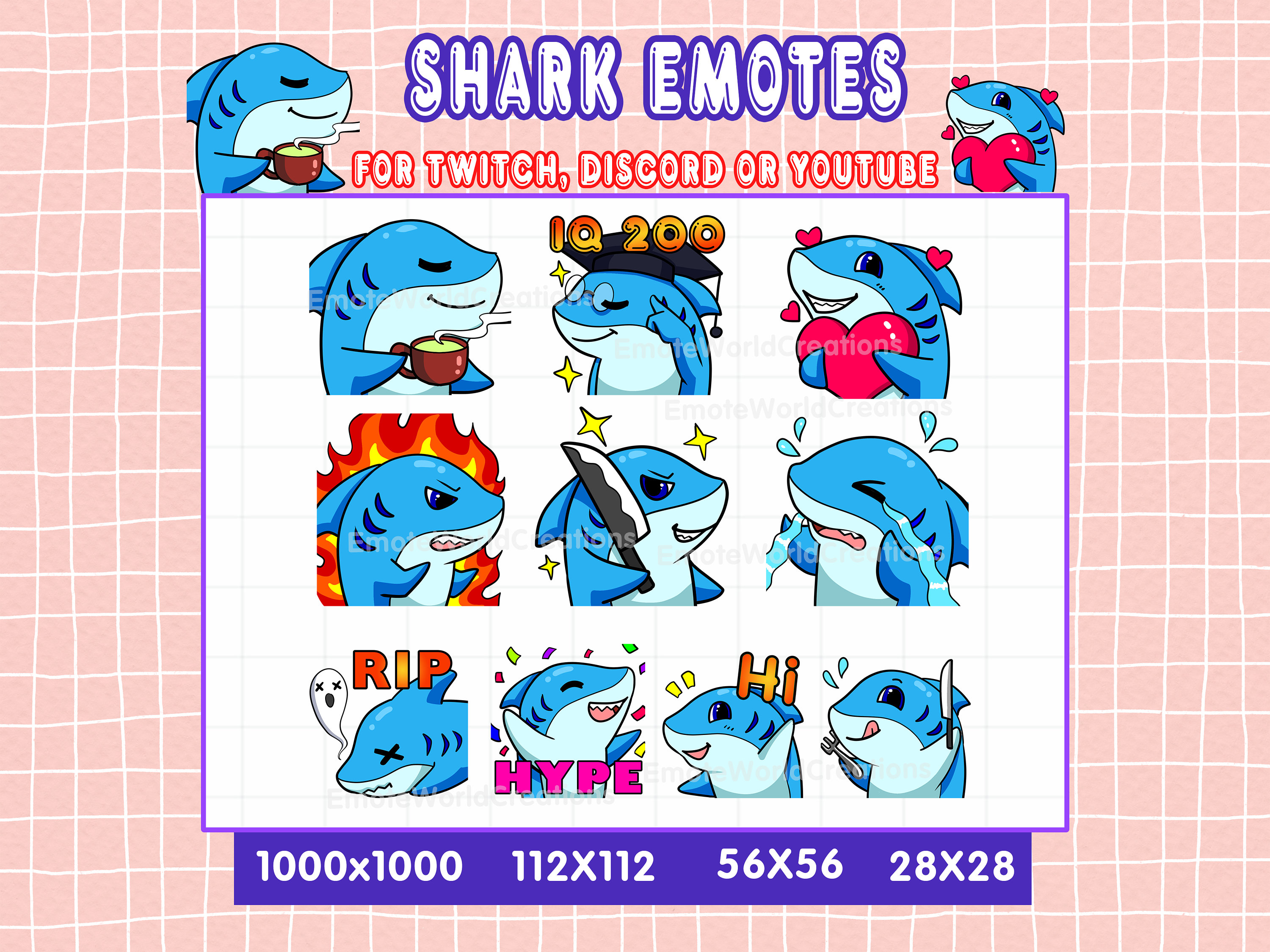 Cute Shark Emotes for Twitch or Discord Streamers, 10 Blue Shark Emoji ...