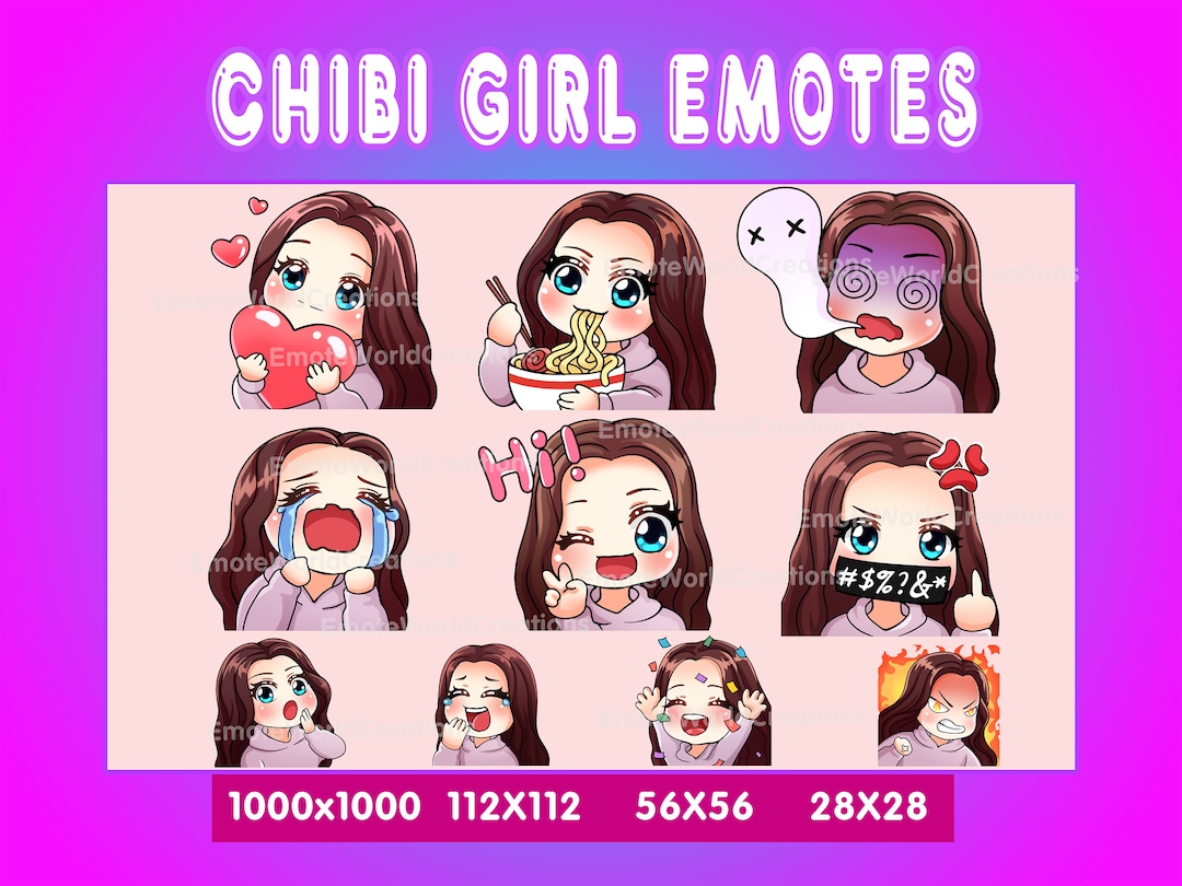 Brown Hair Girl Emotes for Twitch or Discord Streamers, Chibi Girl ...