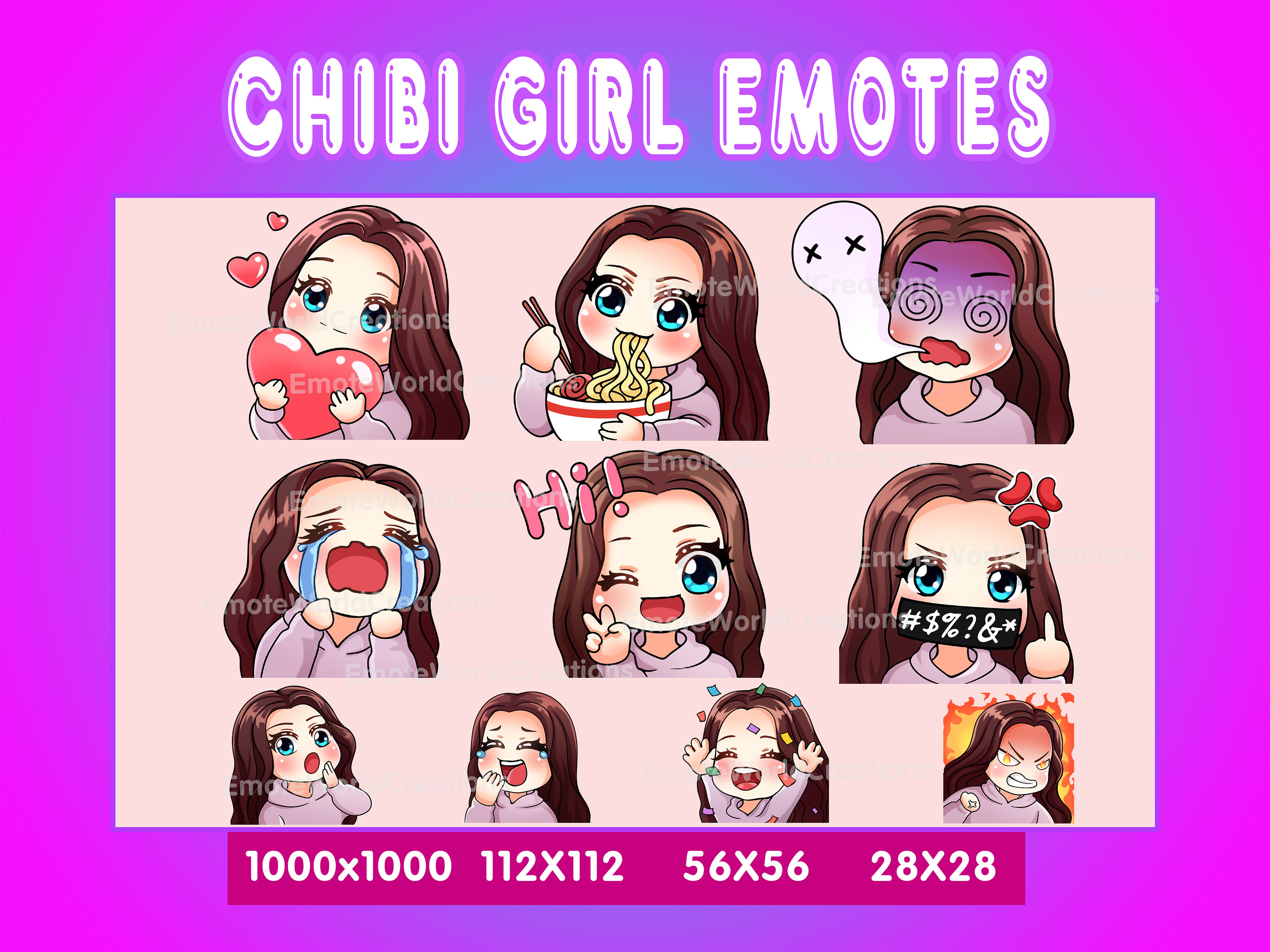 Brown Hair Girl Emotes for Twitch or Discord Streamers, Chibi Girl ...