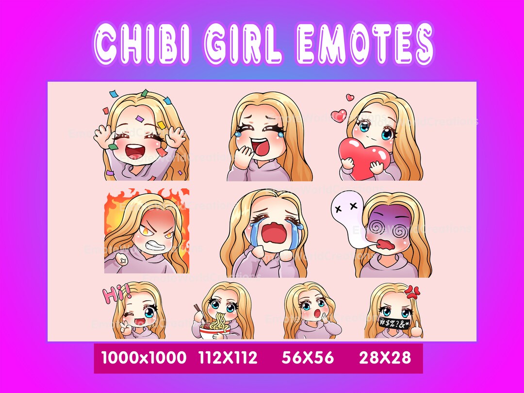 Blonde Hair Girl Emotes for Twitch or Discord Streamers, Chibi Girl ...