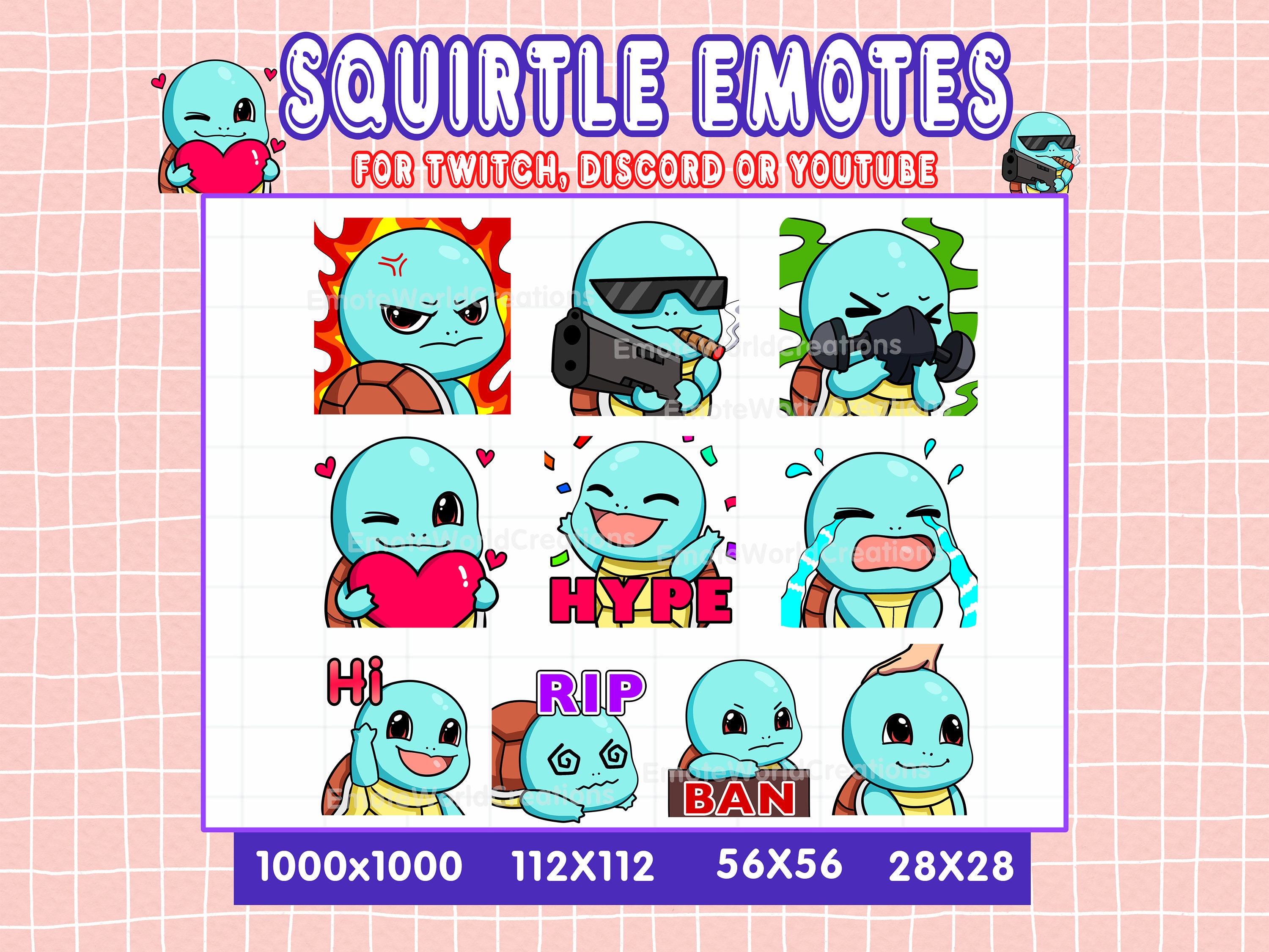 Cute Squirtle Emotes for Twitch or Discord Streamers, 10 Squirtle Emoji ...