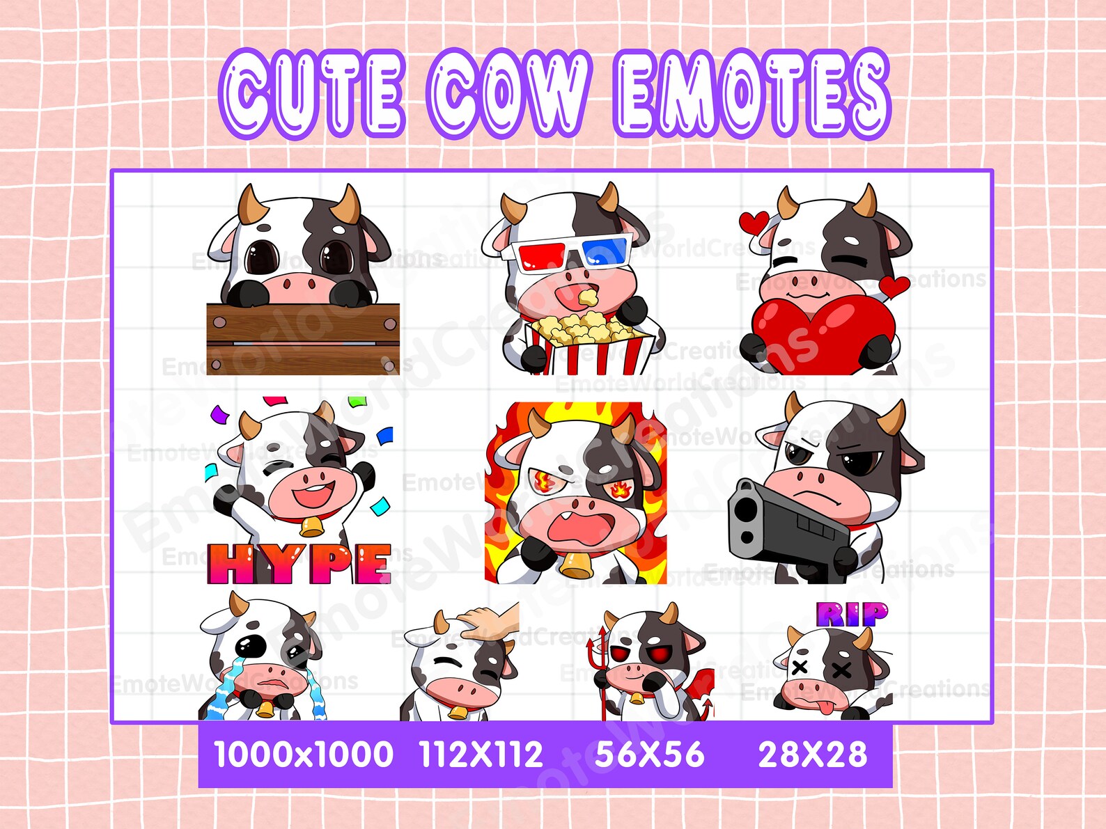 Cute Black Cow Emotes for Twitch or Discord Streamers, 10 Cow Emoji ...