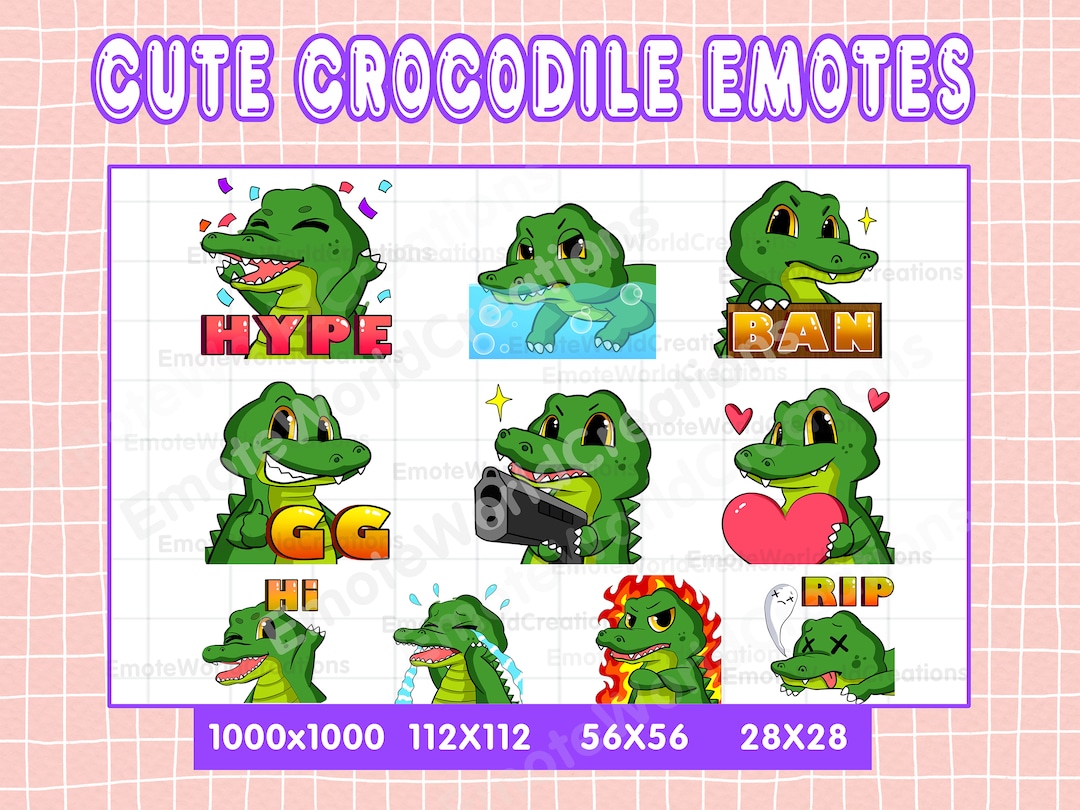 Cute Crocodile Emotes for Twitch or Discord Streamers, 10 Crocodile ...