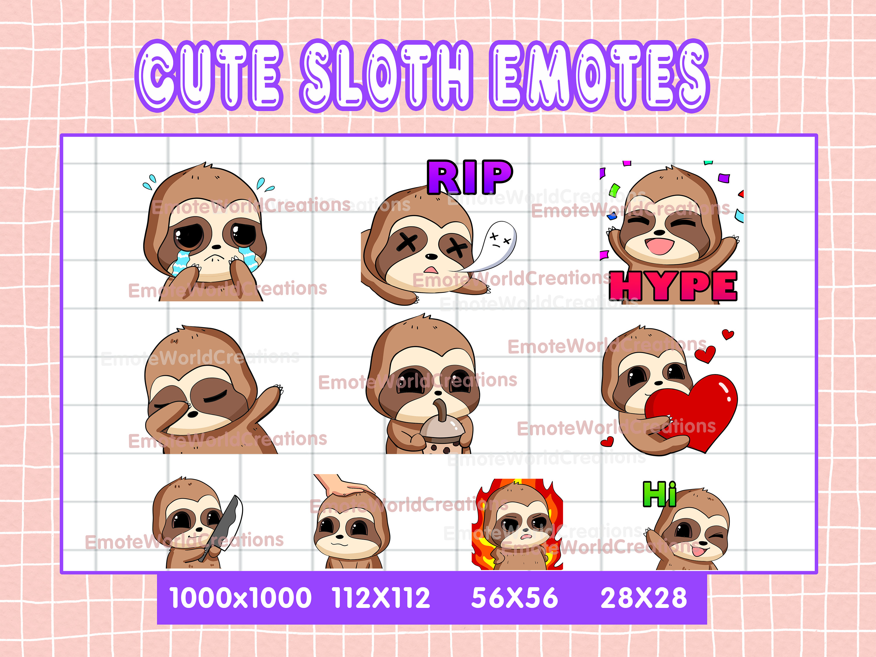 Cute Sloth Emotes for Twitch or Discord Streamers, 10 Sloth Emoji Pack ...