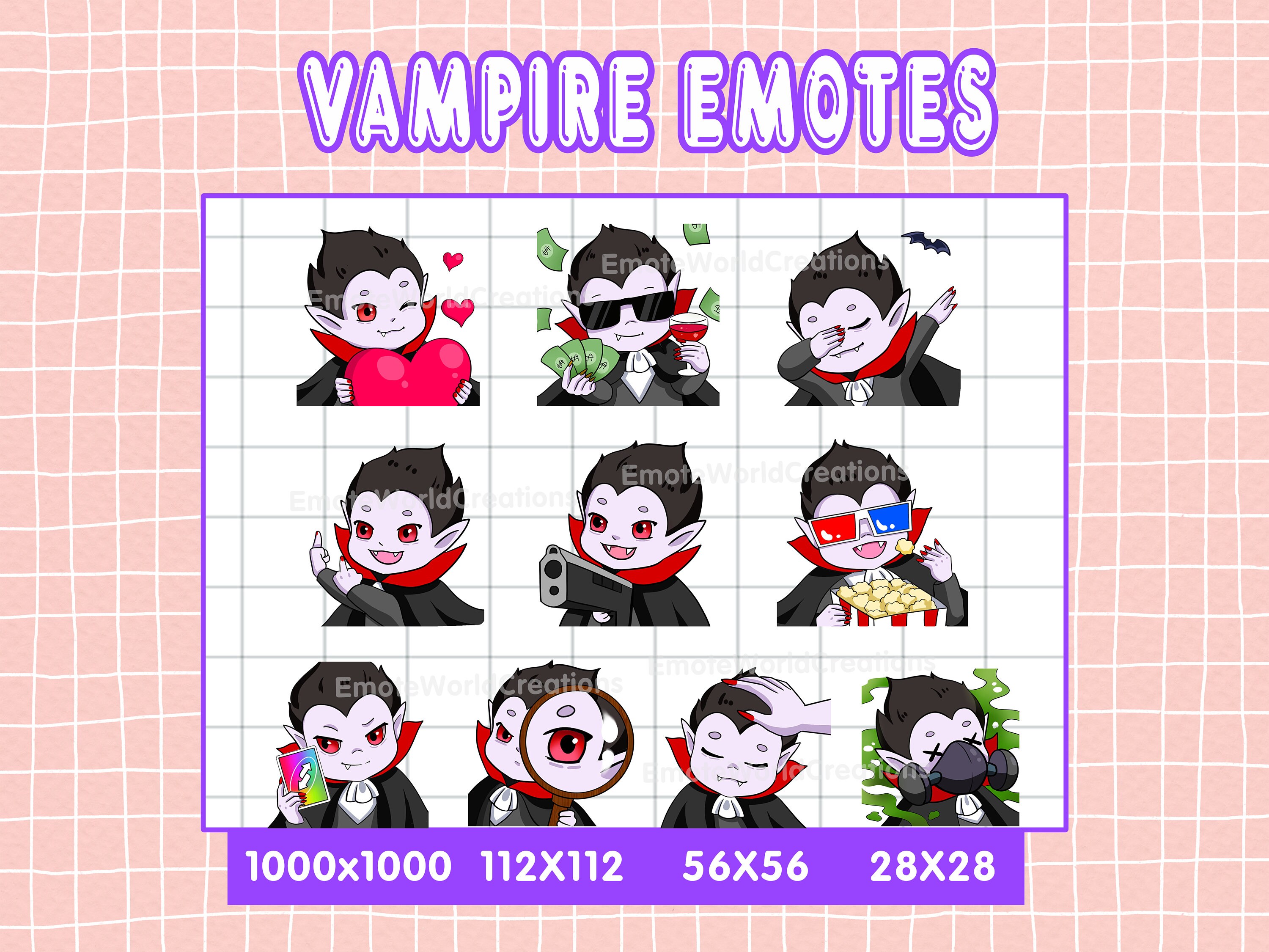 Cute Vampire Emotes for Twitch or Discord Streamers, 10 Dracula Emoji ...